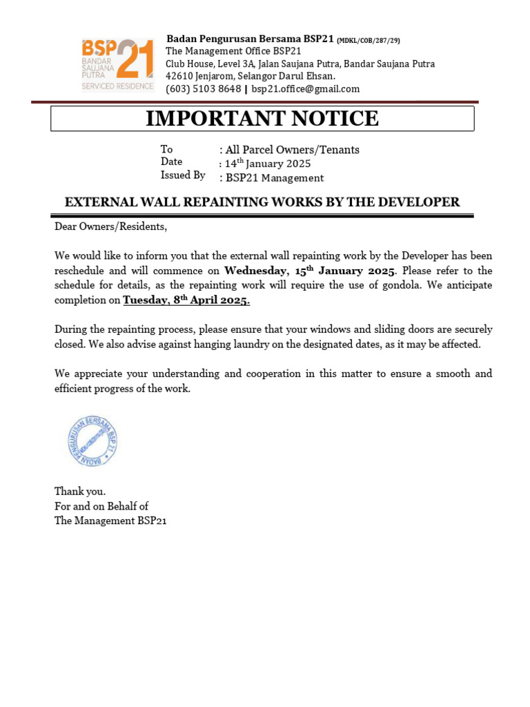 BSP21 External Wall Repainting Notice | PDF