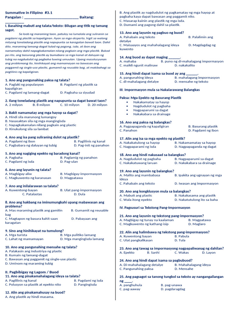 Summative in Filipino 3.1&2 | PDF