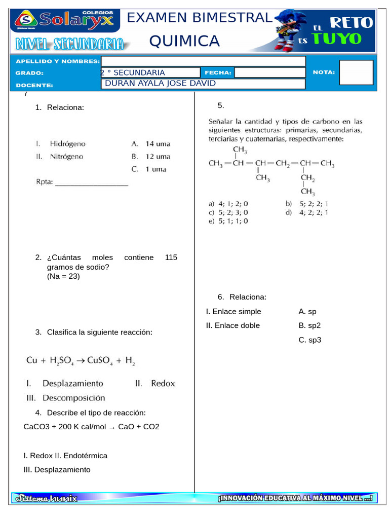 Examen Bim -2 Secundaria Quim | PDF
