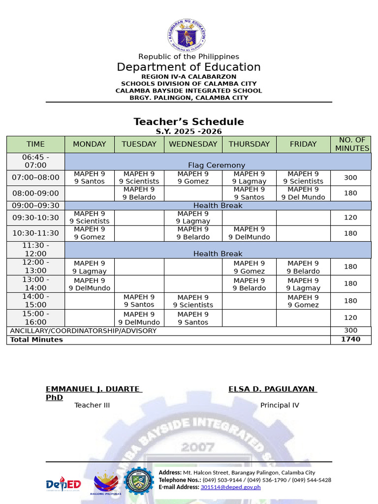 Teachers Schedule Template | PDF