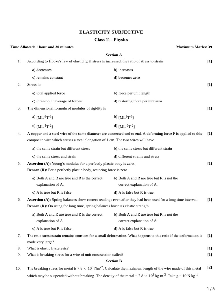 Class 11 Physics: Elasticity Exam Guide | PDF | Deformation ...
