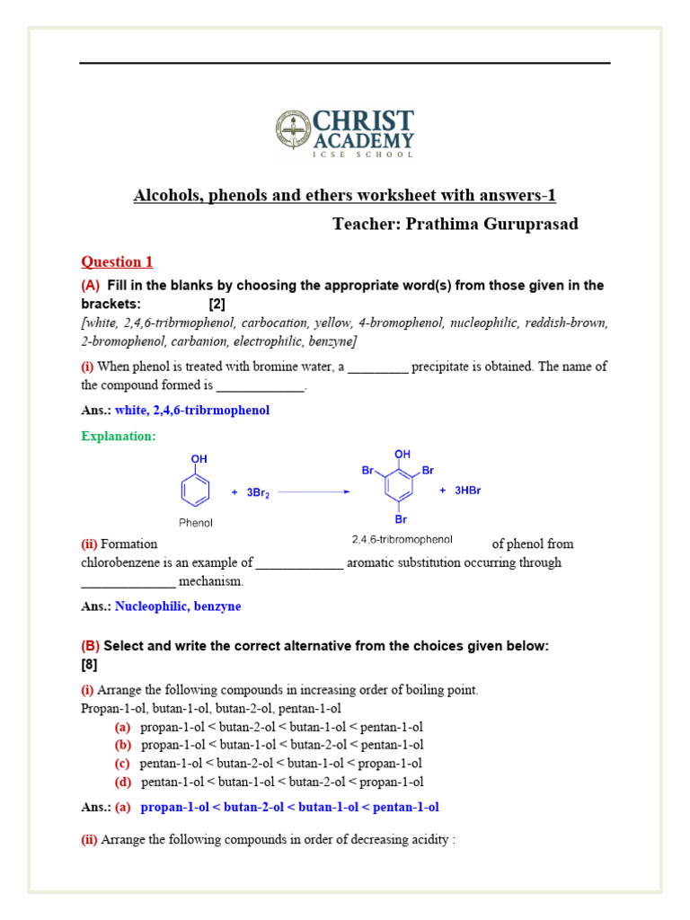 Alcohols Worksheet With Answers | PDF | Methanol | Formaldehyde