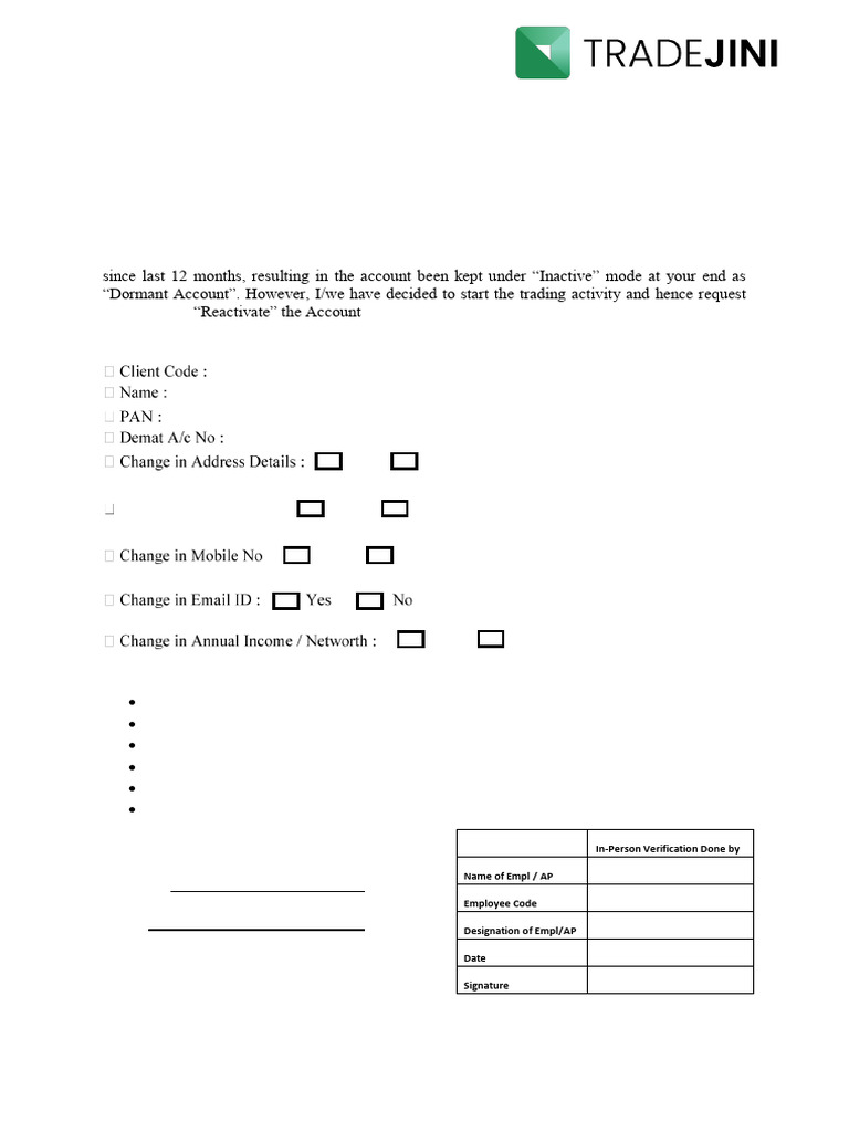 Dormant Account Reactivation Form | PDF