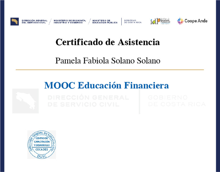 Certificado MOOC Eduacación Financiera Pamela Solano | PDF
