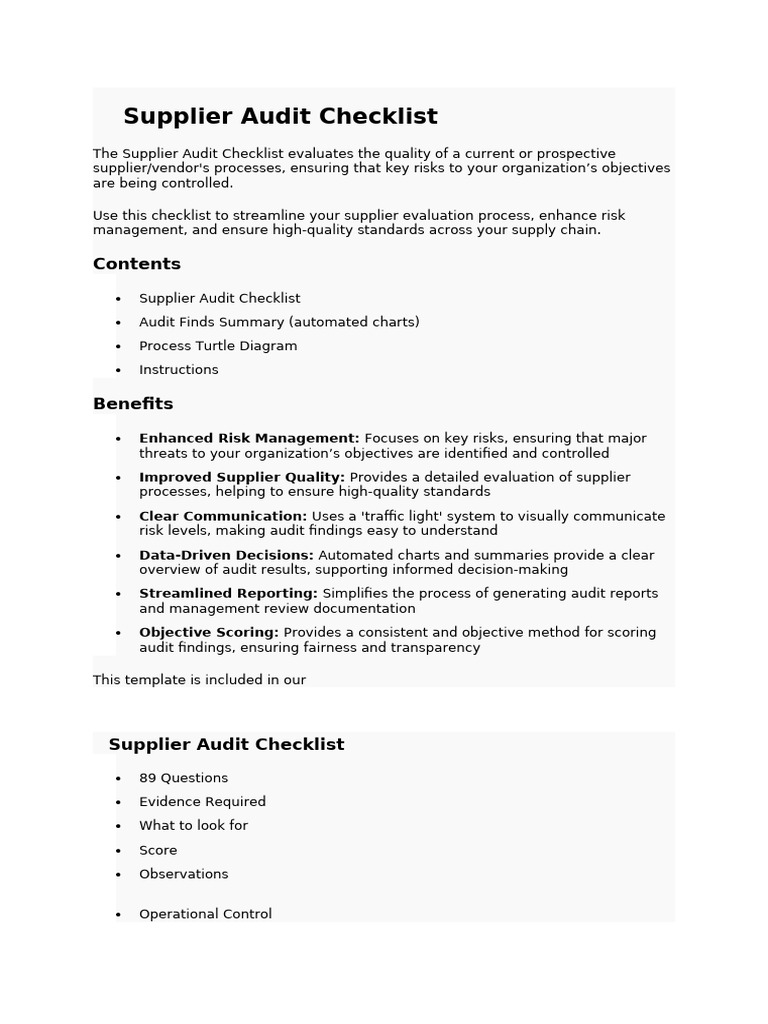Supplier Audit Checklist for Quality Control | PDF