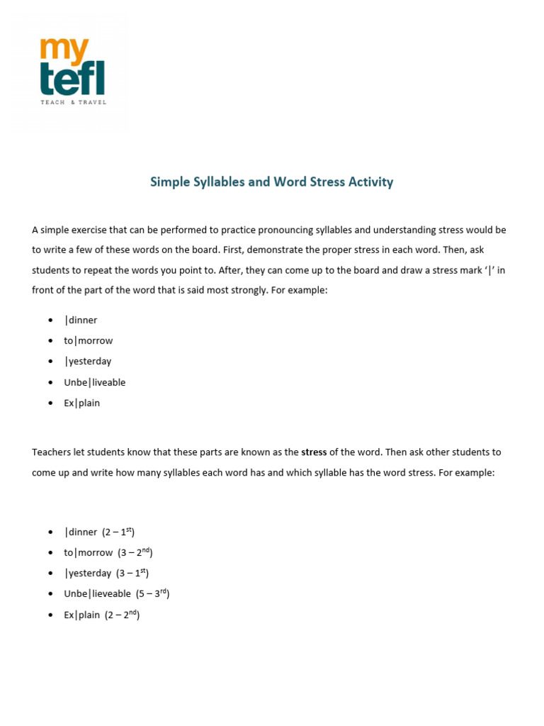 Simple Syllables and Word Stress Activity | PDF