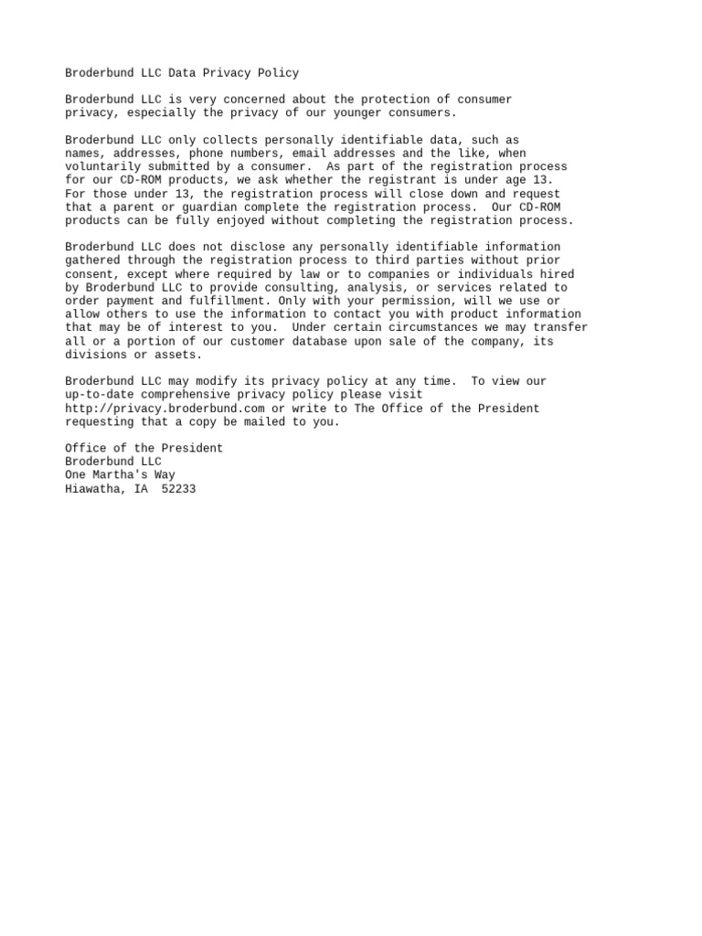 Broderbund LLC Privacy Policy Overview | PDF
