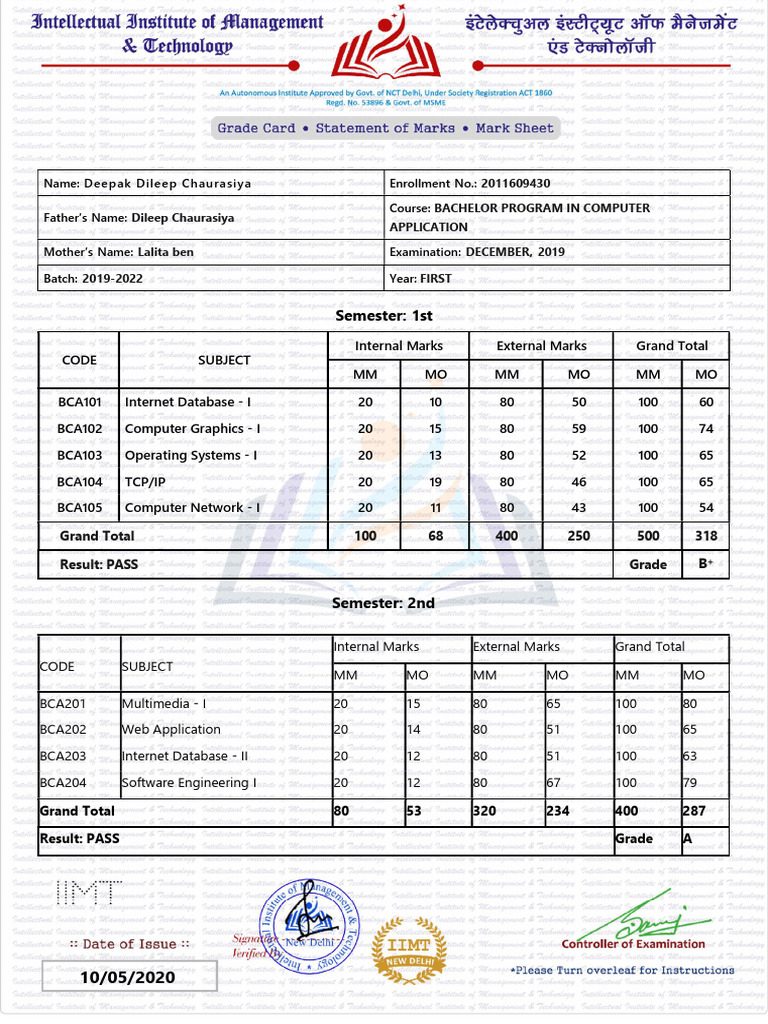 1st Year Marksheet - Deepak | PDF