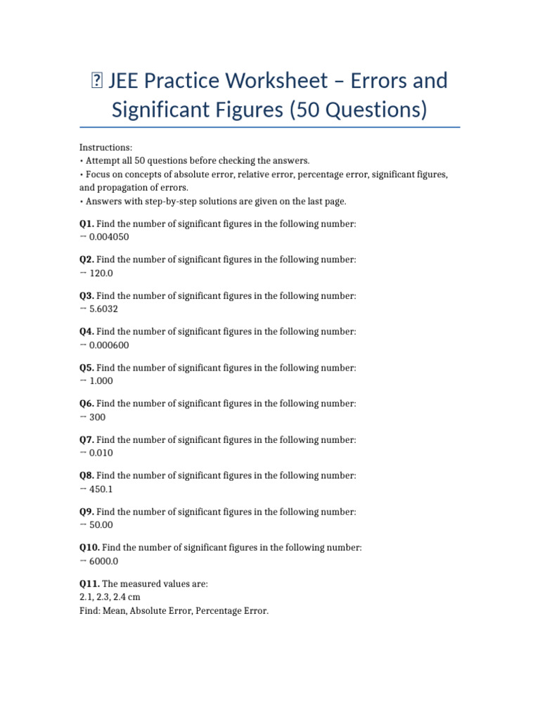 JEE Errors & Significant Figures Quiz | PDF | Significant Figures ...