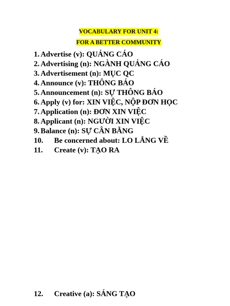 g10. Vocabulary for Unit 4 | PDF