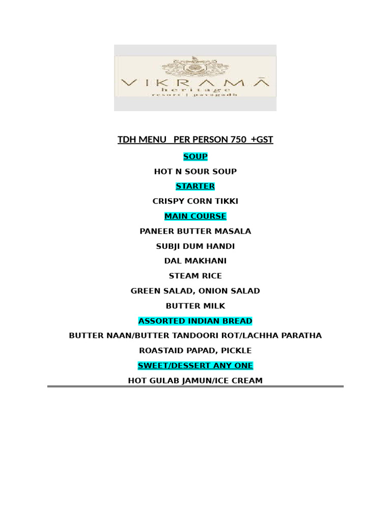 Indian Menu for 750 Per Person | PDF