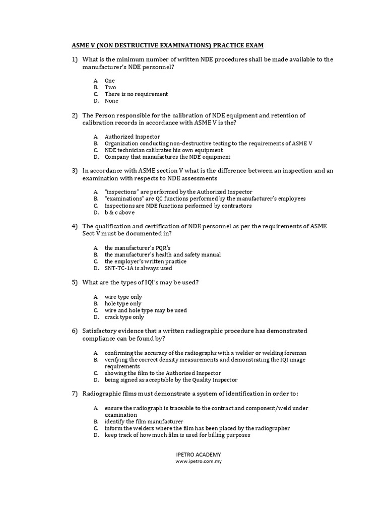 ASME V NDE Practice Exam Guide | PDF | Nondestructive Testing | Radiography