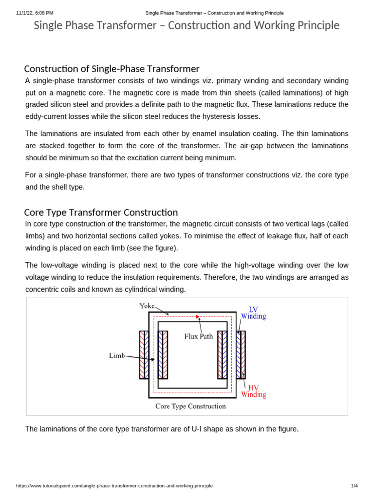 1-Single Phase Transformer - Construction and Working Principle | PDF ...