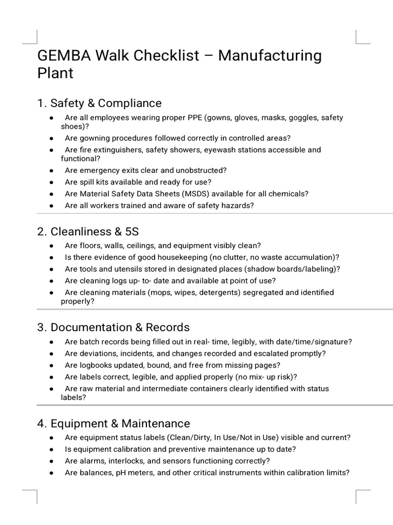 GEMBA Walk Checklist for Manufacturing & Labs | PDF | Laboratories ...