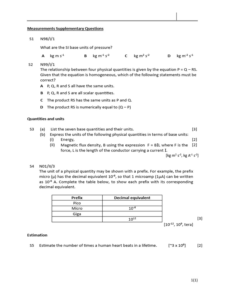 2024 Supplementary Questions - Measurements | PDF | Observational Error ...