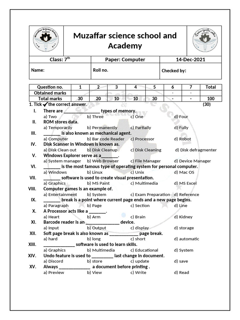 7th Computer 2nd Term December 2021 | PDF | Computer Hardware | Computing