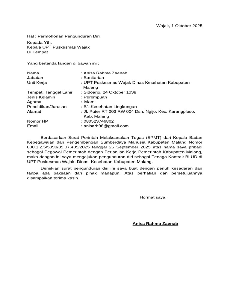 Permohonan Pengunduran Diri Sanitarian | PDF