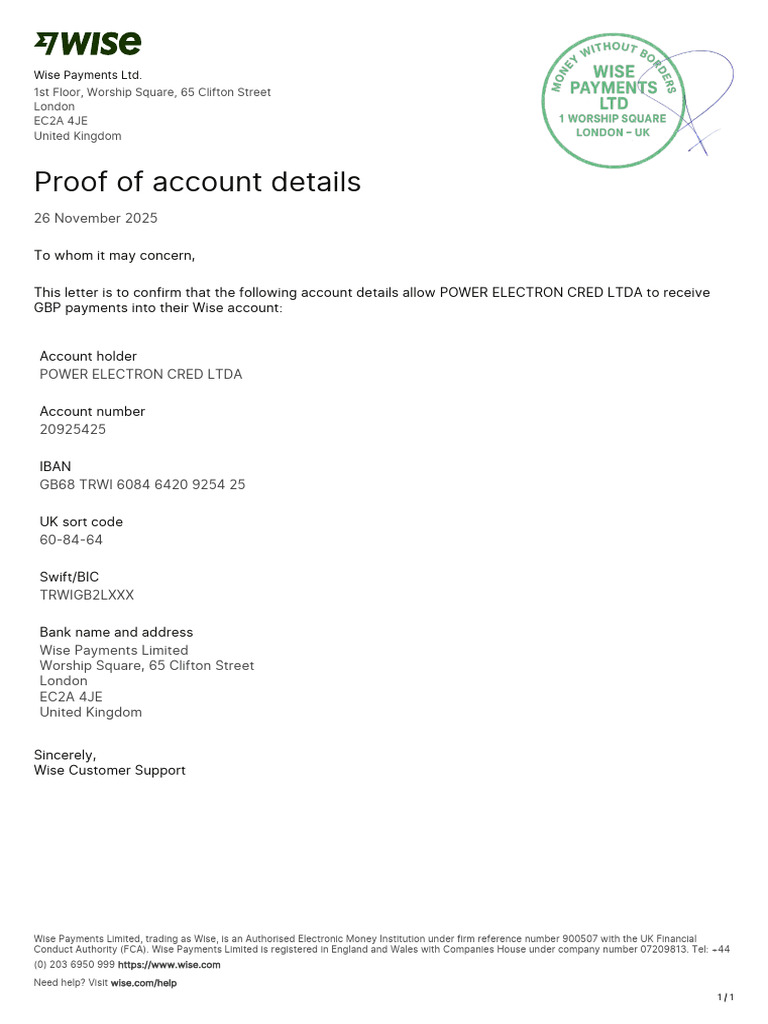 Wise Proof of Account Ownership 92173852 | PDF