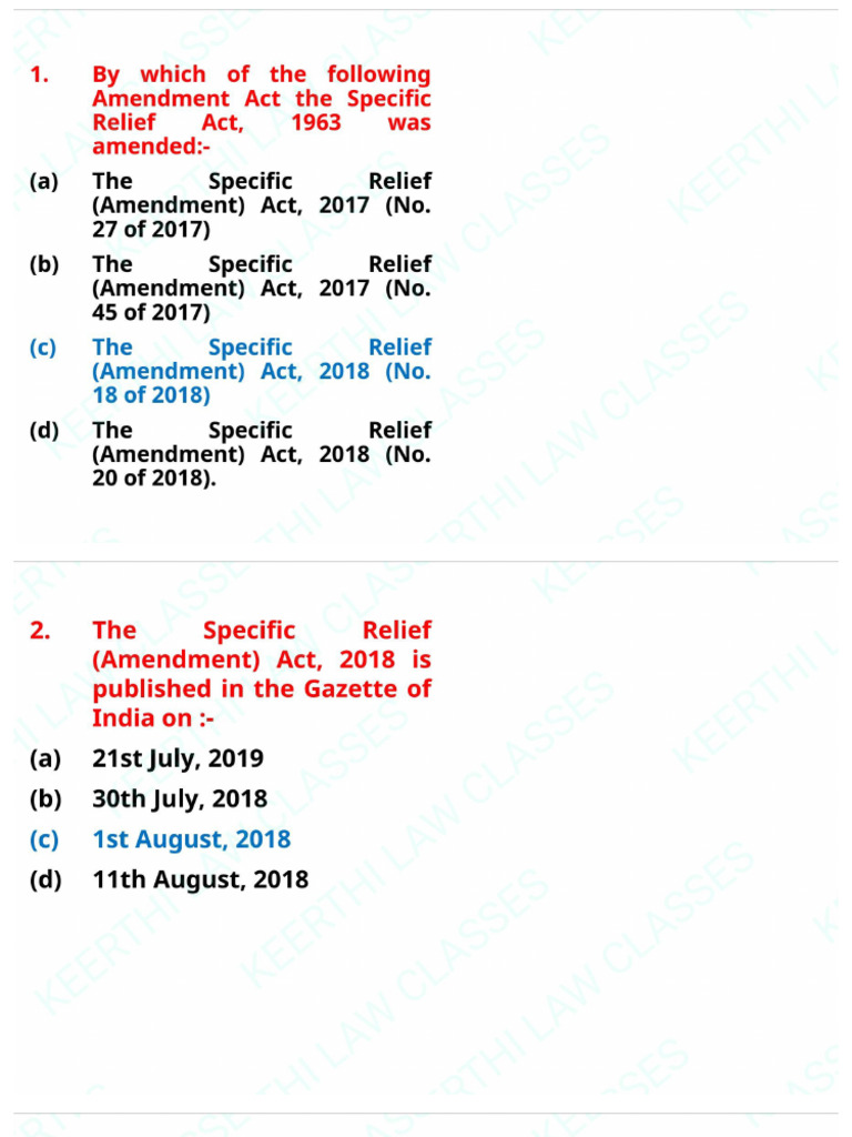 Specific Relief Act Mcqs | PDF