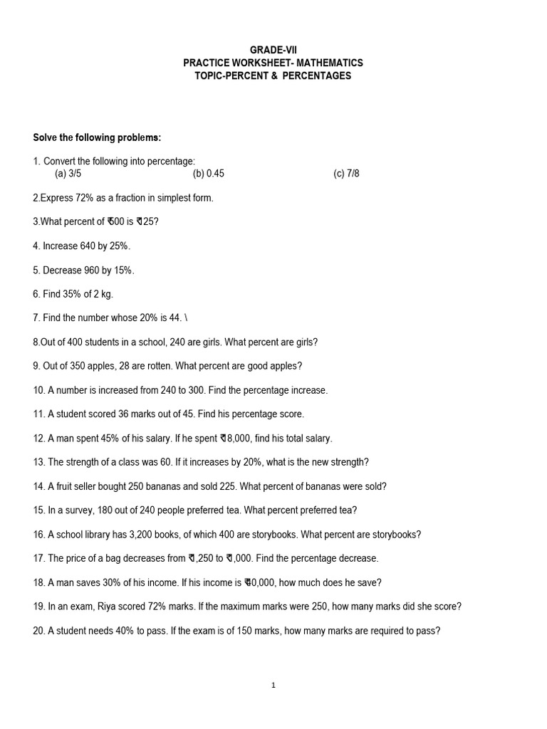 Grade VII Math: Percentages Worksheet | PDF | Percentage | Elections