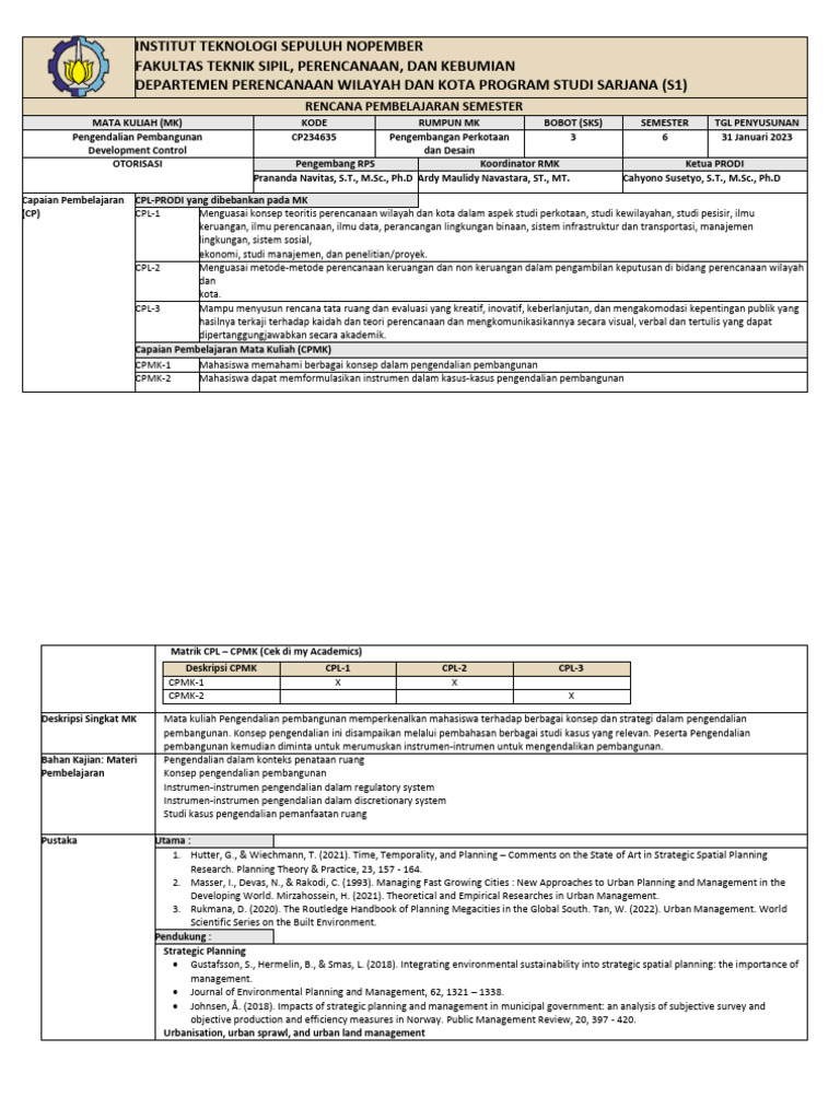 RPS, RAE Pengendalian Pembangunan PWK ITS | PDF
