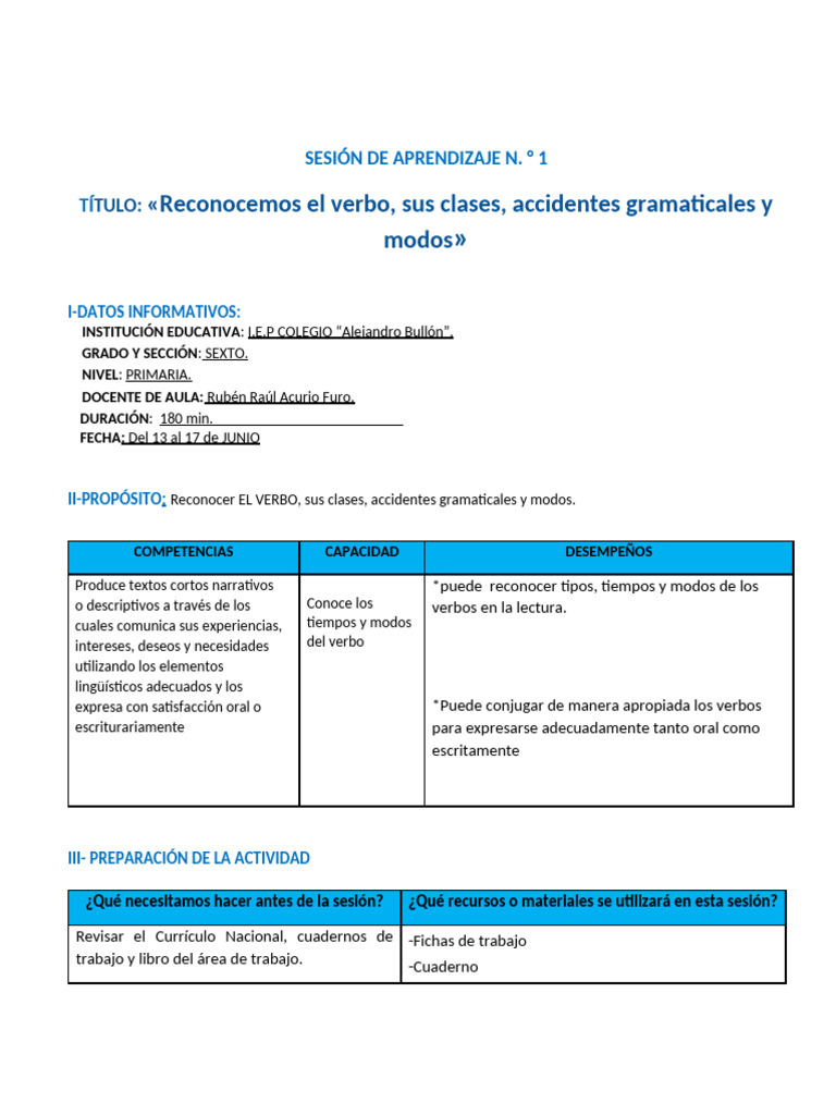 Sesión 1-Primero de Secundaria | PDF | Maestros | Verbo