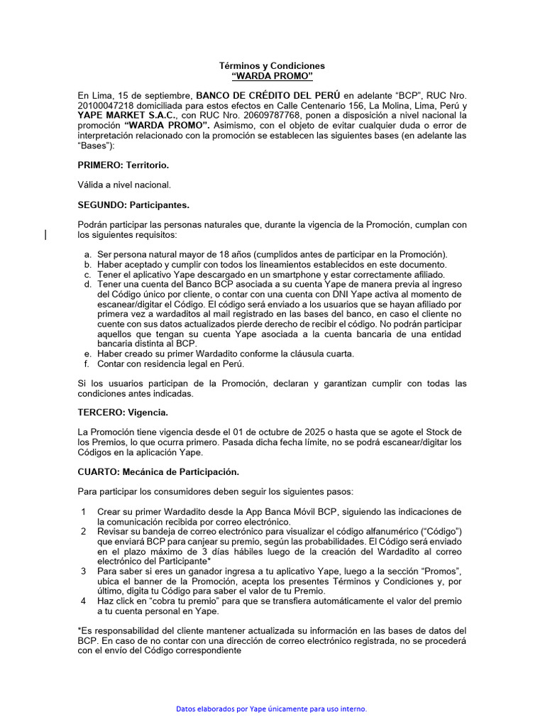 T&C+Wardaditos+en+Yape promoción “WARDA PROMO”. Asimismo, con el objeto ...