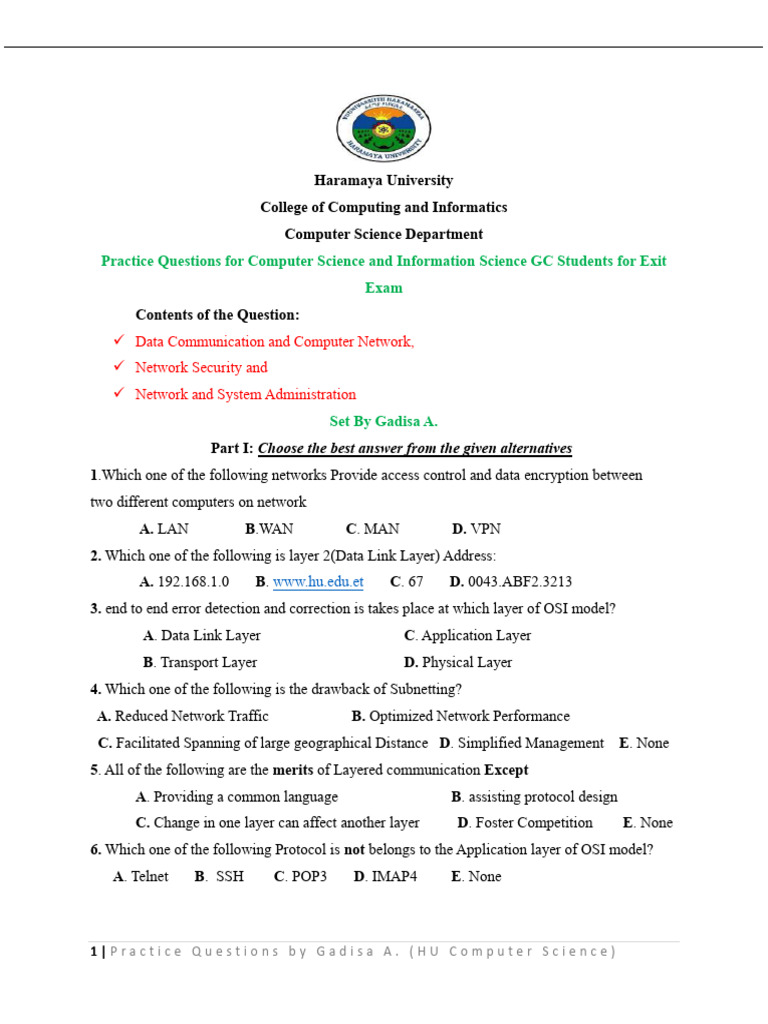 Computer Network and Security Practice Questions | PDF | Computer ...