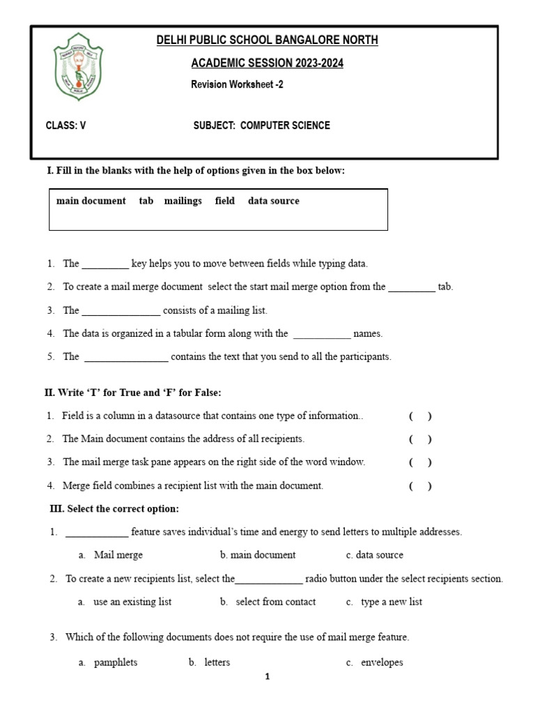 Class V Computer Science Revision Worksheet | PDF | Mail