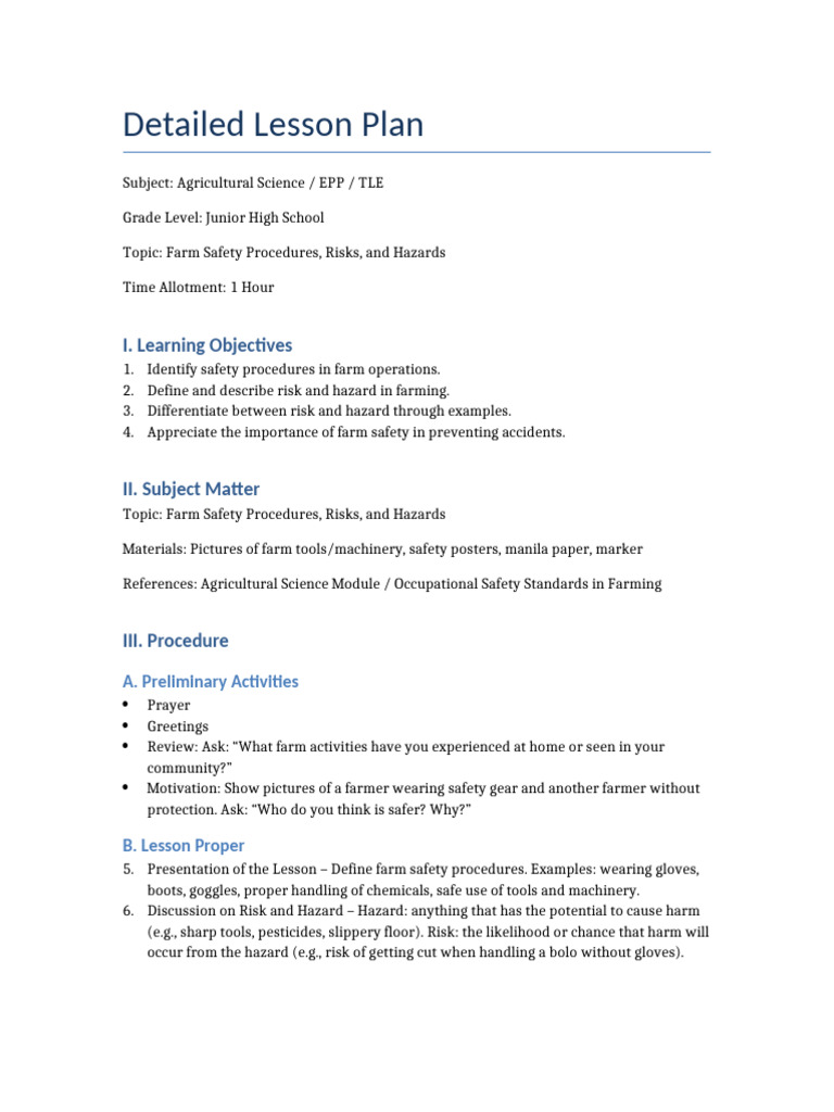 Farm Safety Procedures for Students | PDF | Risk | Safety