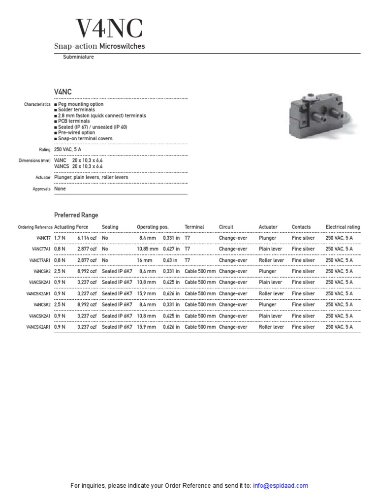 V4NC Snap-Action Microswitches Guide | PDF | Electrical Connector ...