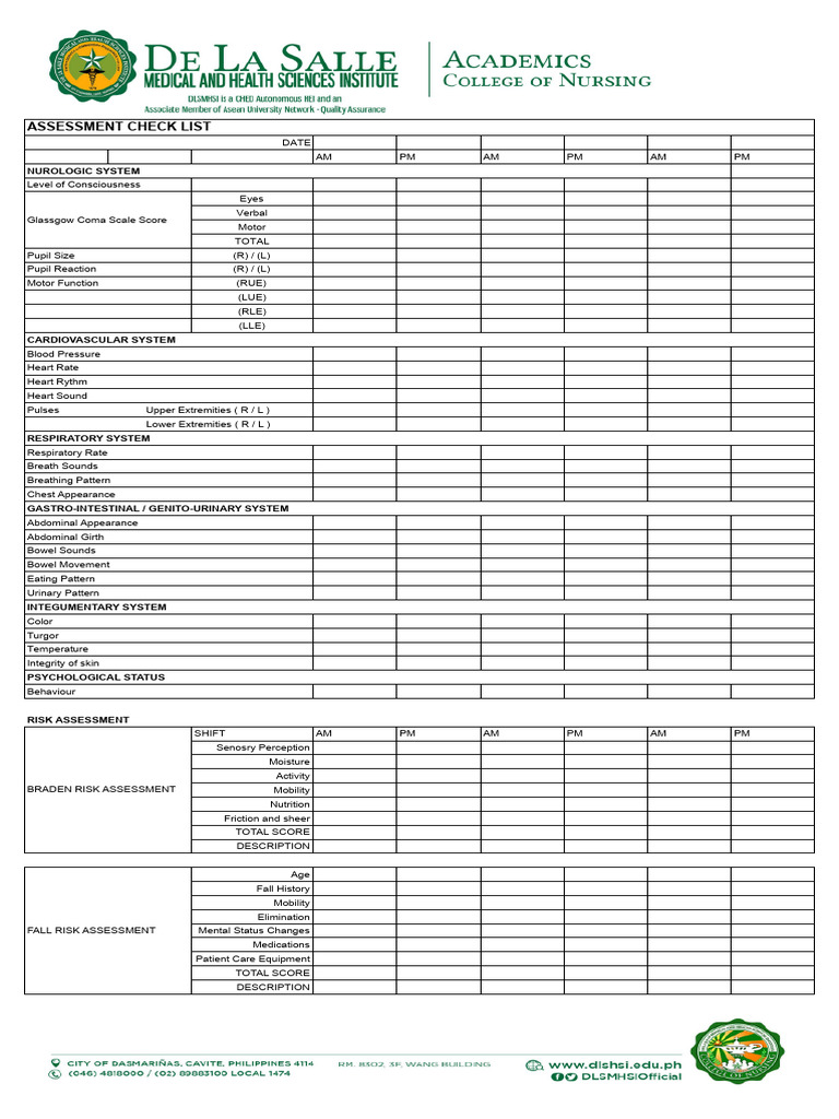 Assessment Check List Form | PDF | Heart | Breathing