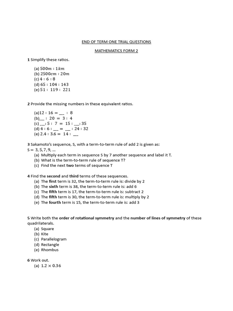 Mathematics Prep Questions Form 2 | PDF | Ratio | Euclidean Geometry