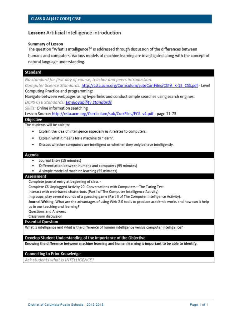 AI Introduction Lesson Plan for Class X | PDF