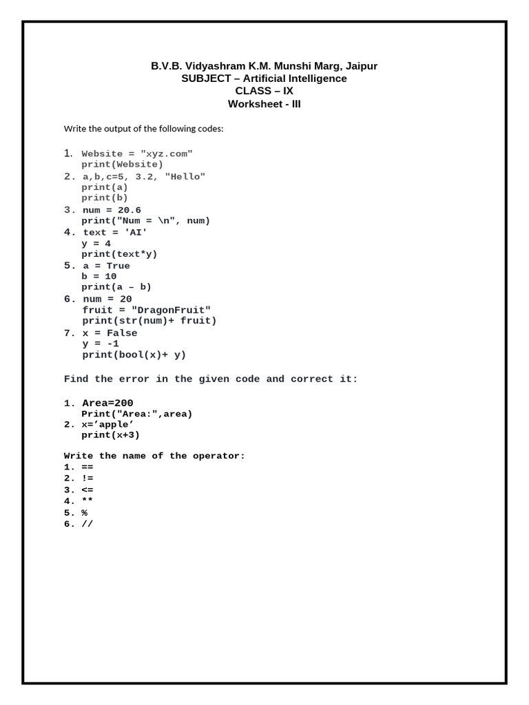 AI Worksheet for Class IX: Code Output and Errors | PDF