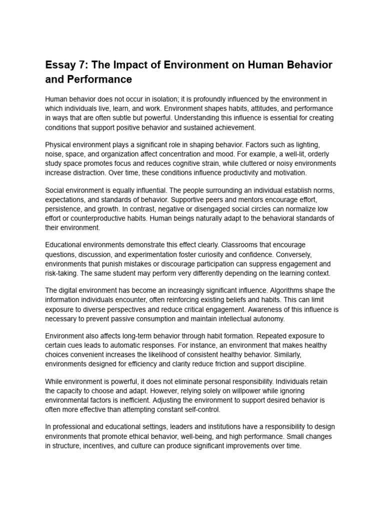 Essay 7 - The Impact of Environment On Human Behavior and Performance ...