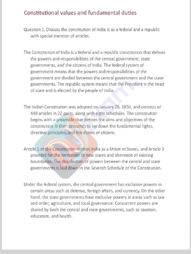 Constitution Values and Fundamentaldutiesimportantquestions | PDF