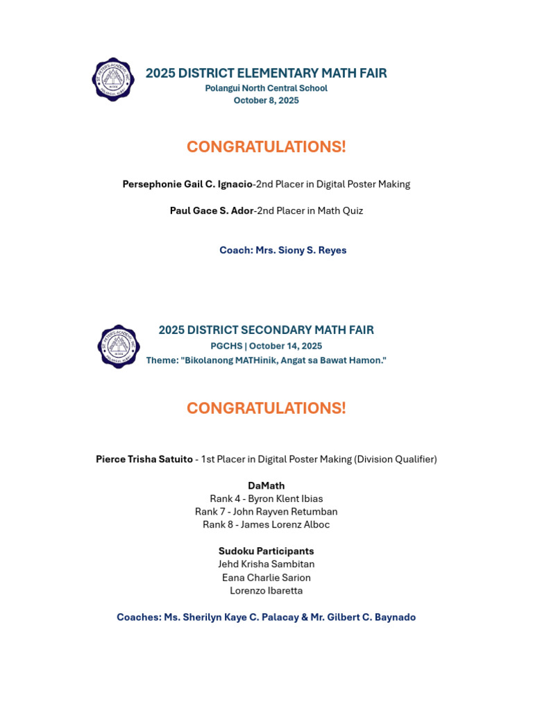 2025 District Math Fair Results | PDF