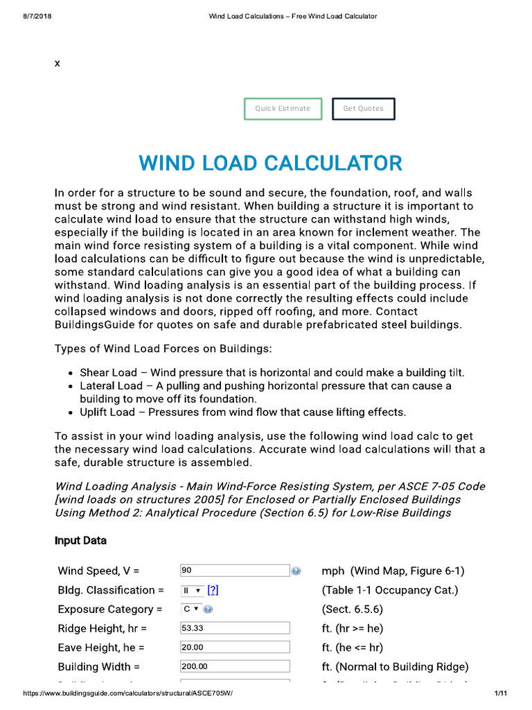 Wind Load Calculations Example Buildingsguide Com | PDF