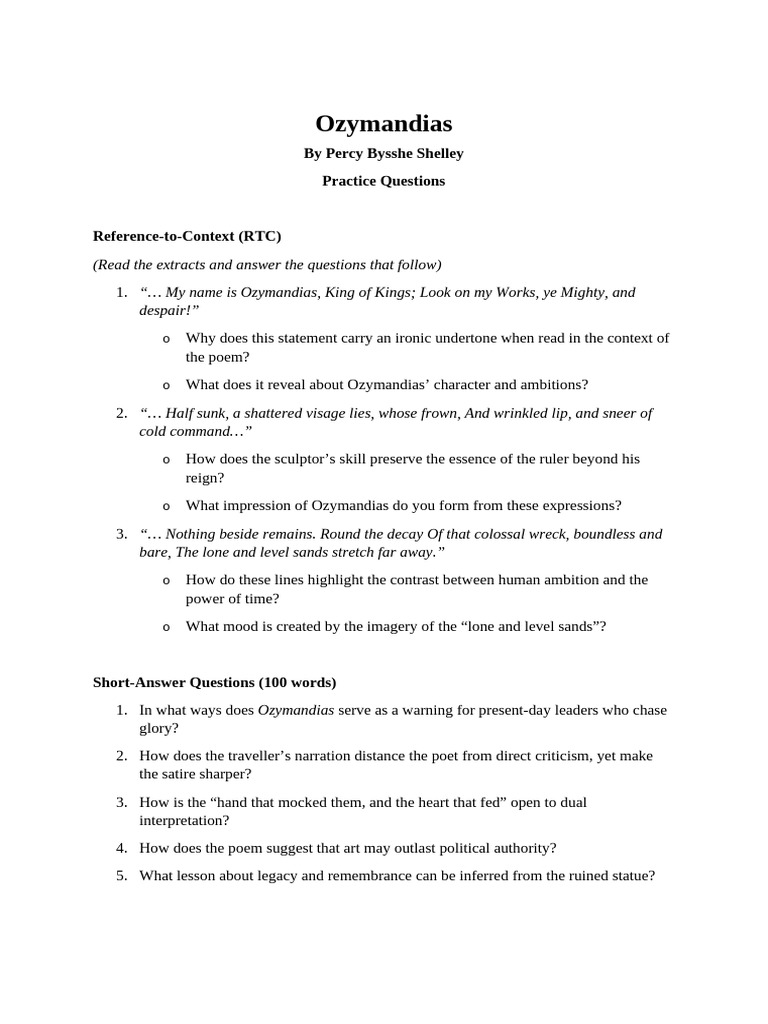Ozymandias Analysis and Discussion Questions | PDF