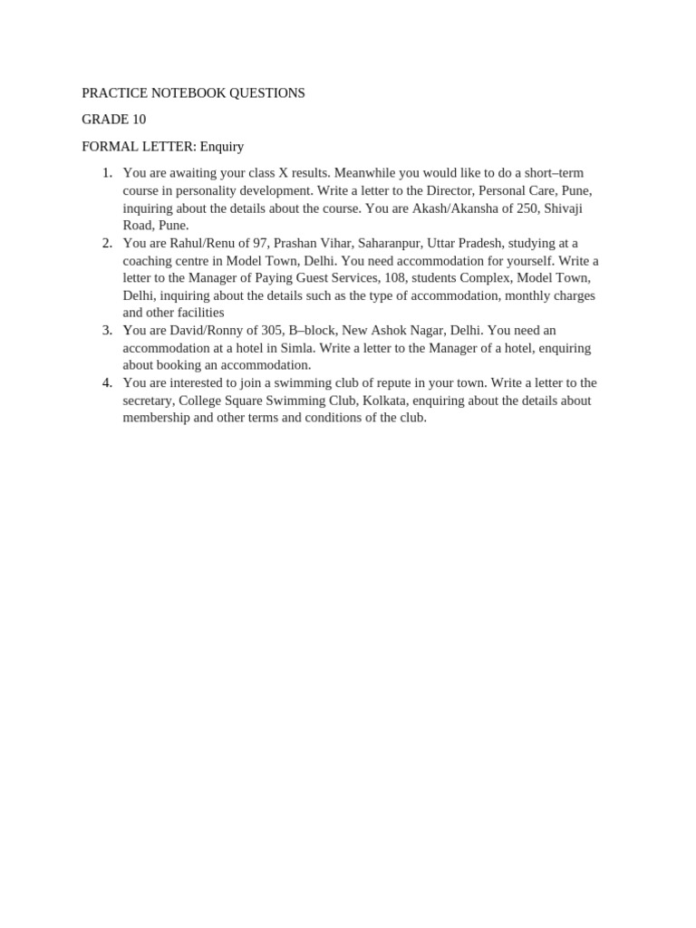 Practice Notebook - Letter of Enquiry | PDF