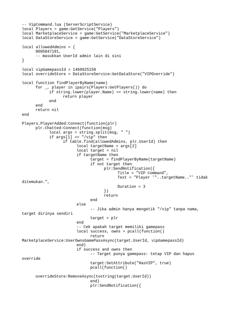 VIP Command Script for Roblox Admins | PDF