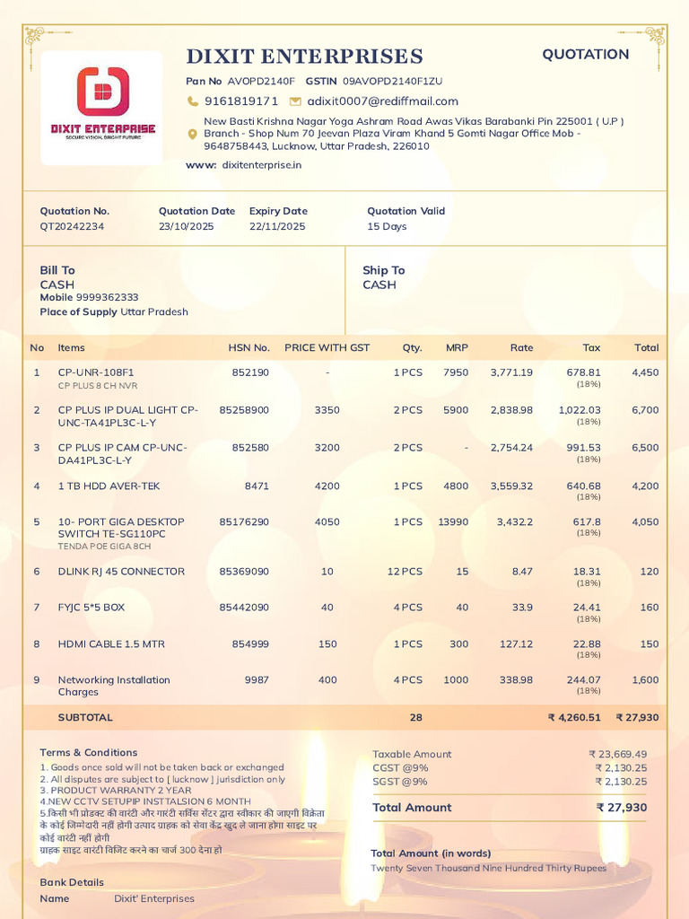 CASH Quotation QT20242234 | PDF