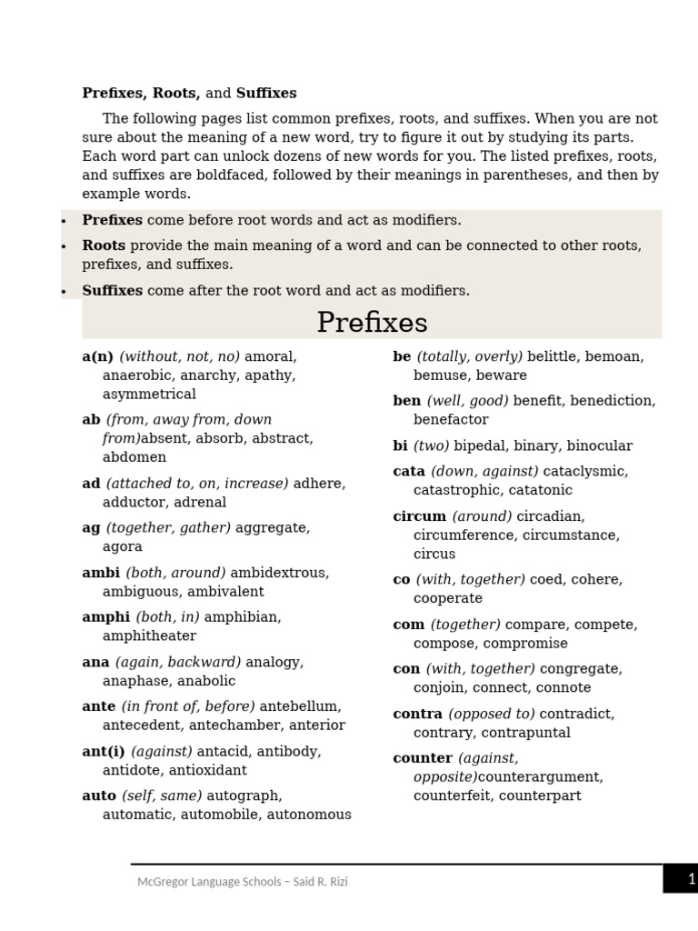 Word Parts: Prefixes, Roots, Suffixes | PDF