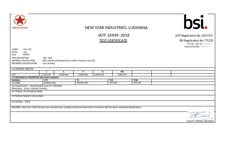 IATF Certified M20 Stud Test Certificate | PDF