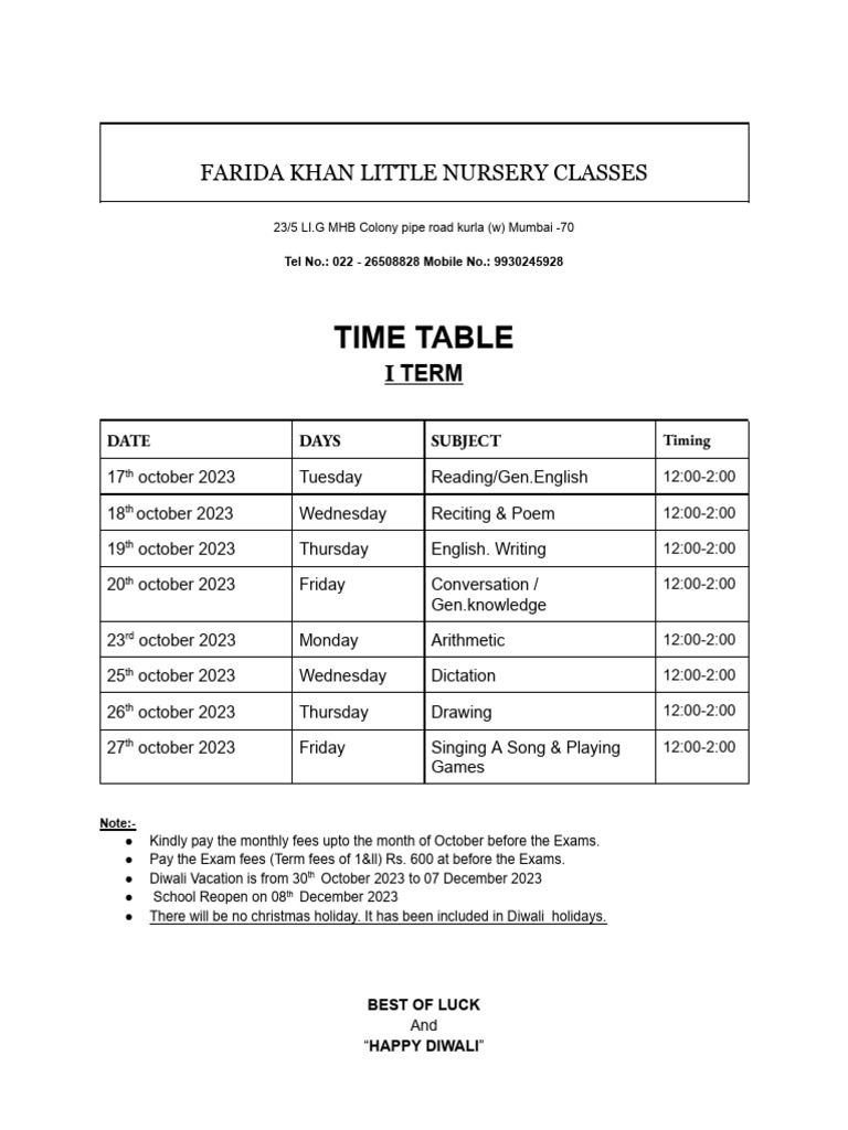 Farida Khan Nursery Class Timetable | PDF