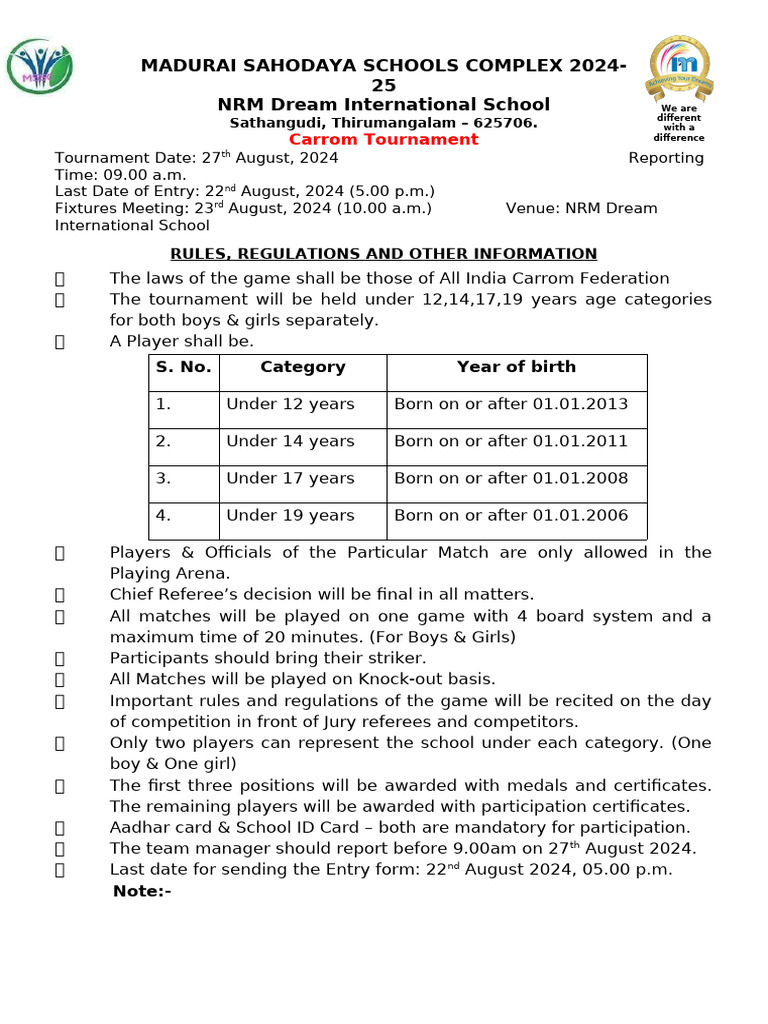 MSSC NRM Carrom Entry Form 2024 | PDF