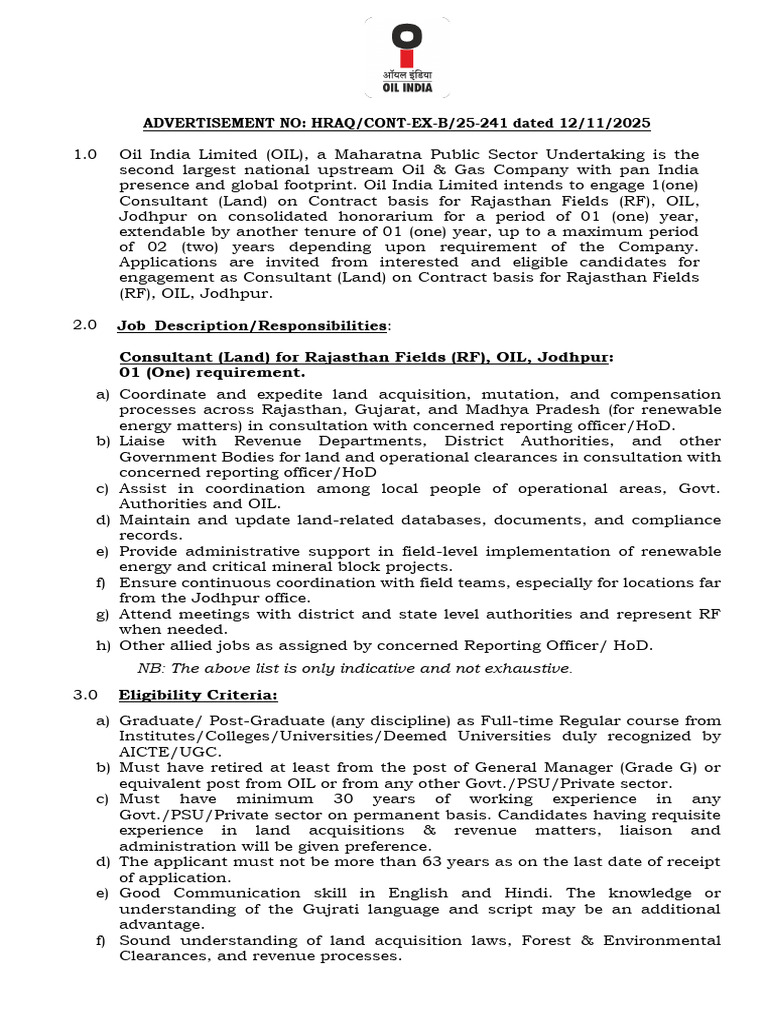 ADVERTISEMENT NO: HRAQ/CONT-EX-B/25-241 Dated 12/11/2025: The Above ...