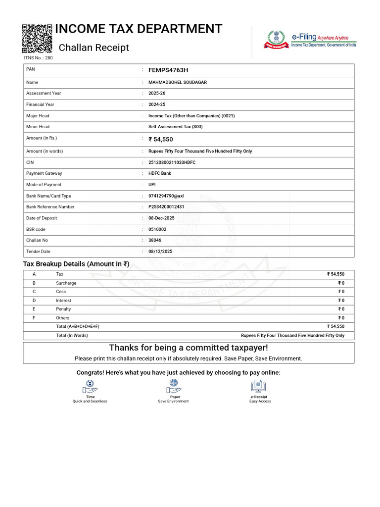 Income Tax Challan Receipt ITNS 280 | PDF | Taxes | Taxation