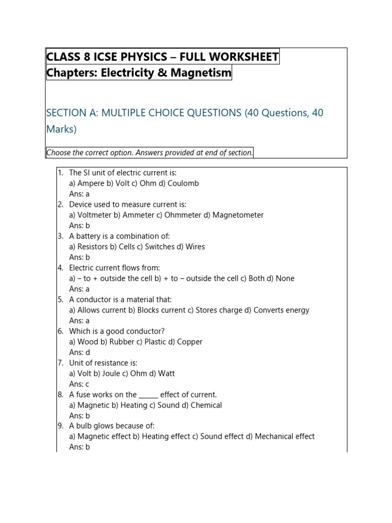 Class 8 ICSE Physics Worksheet: Electricity | PDF | Electric Current ...